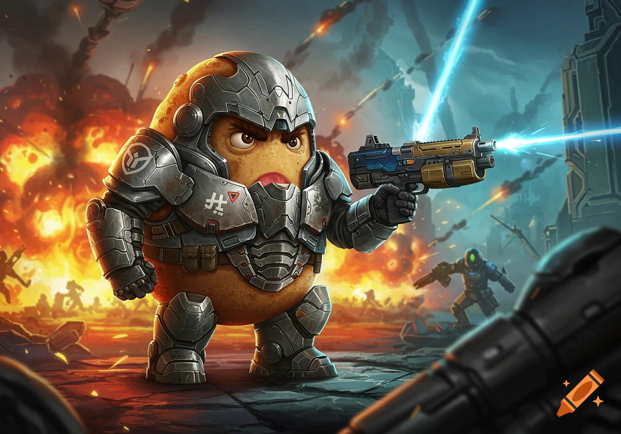 A cartoon potato wearing futuristic combat armor holds a laser gun in a ...