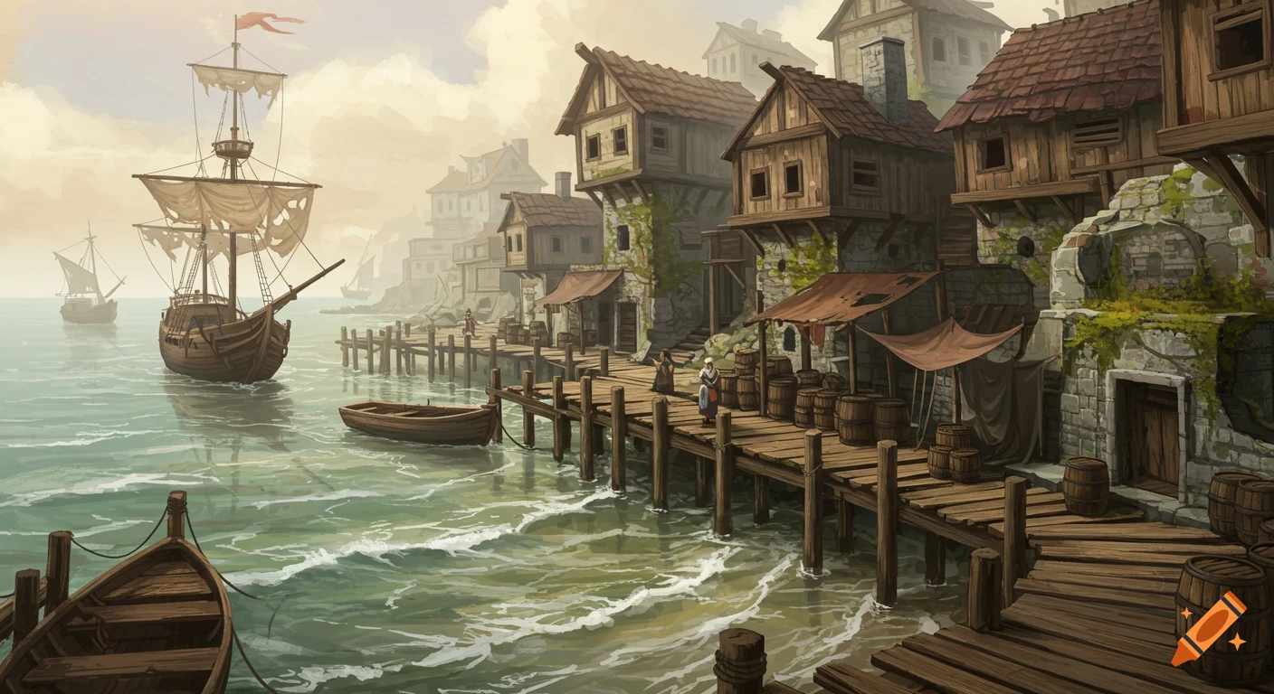 An illustrated fantasy coastal town with rundown wooden docks ...
