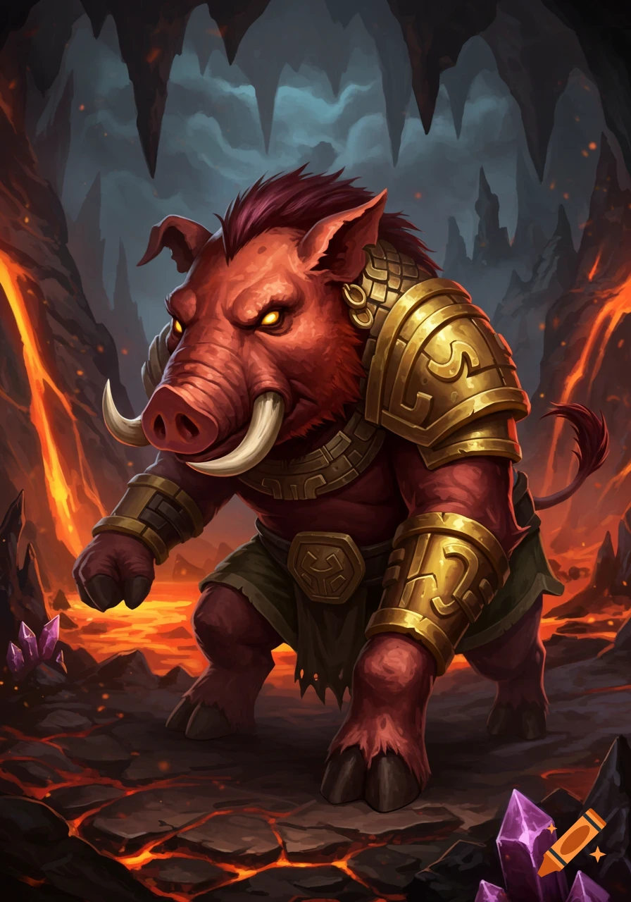 A red-skinned, boar-like fantasy creature with tusks and golden armor ...