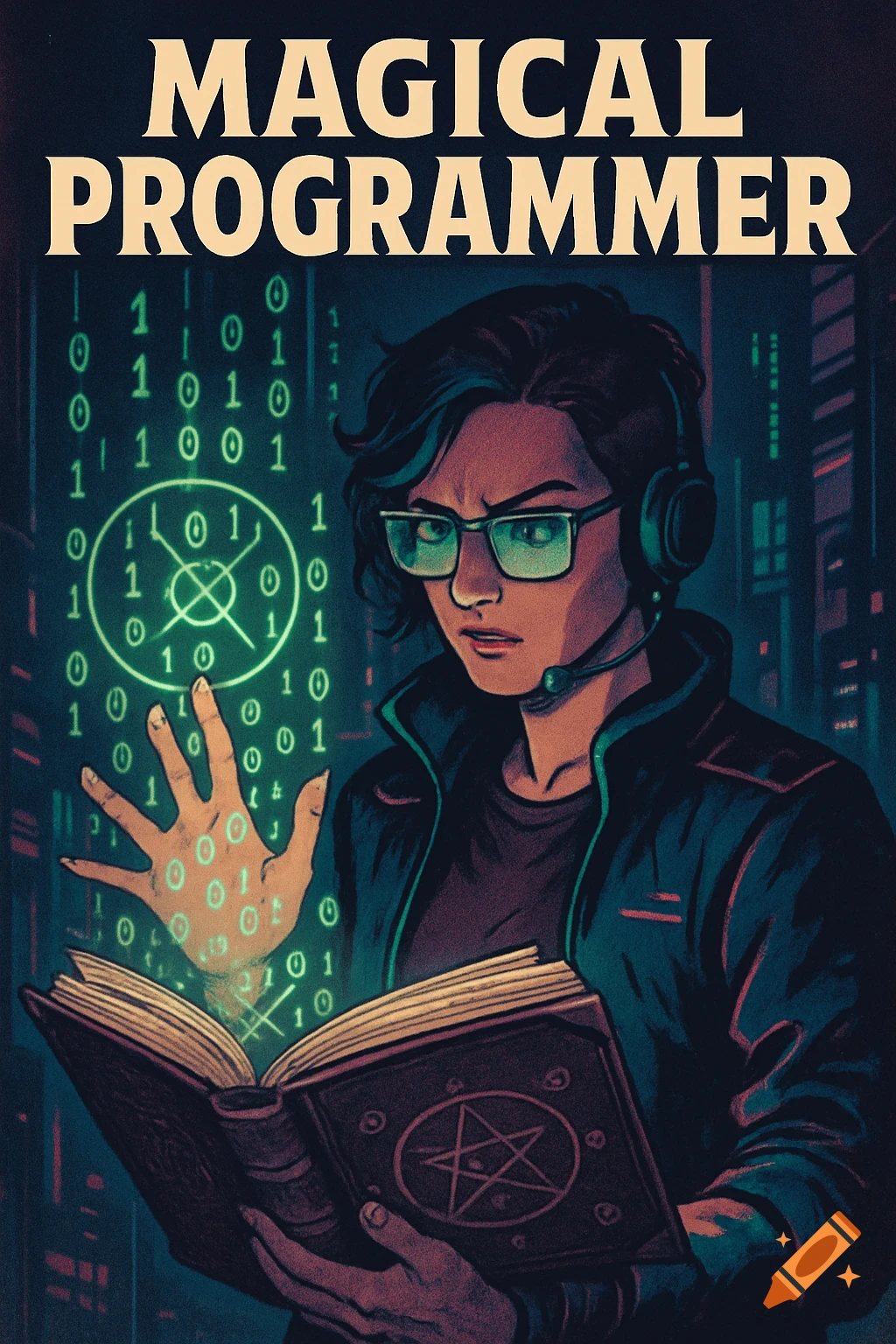A person with headphones and glasses holding a magic book, with binary ...