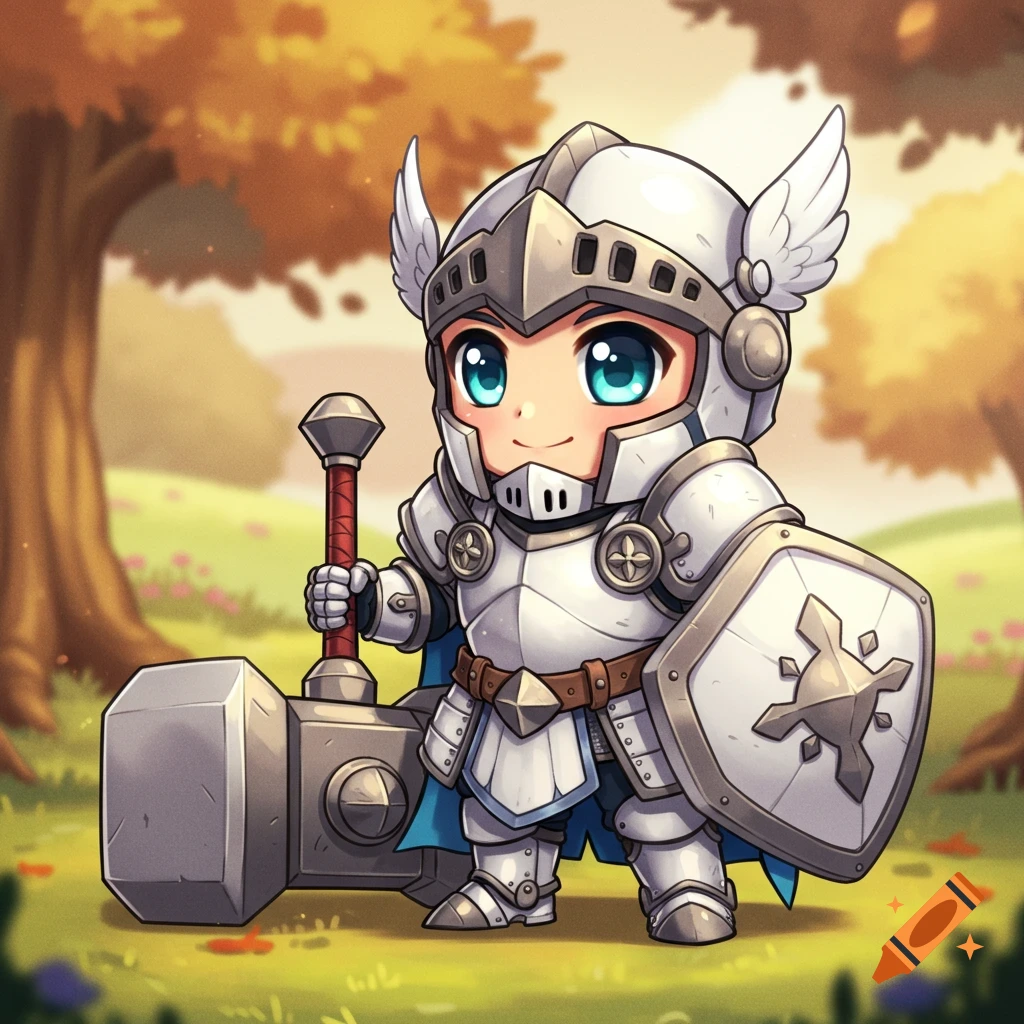 A cute chibi knight in white armor holds a large hammer and shield in a ...