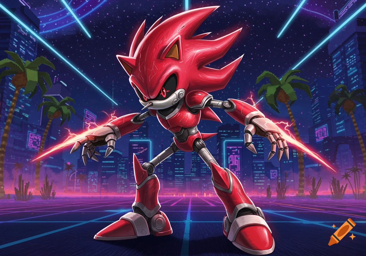 Sonic the Hedgehog in a blue and grey robot suit stands in a neon-lit ...