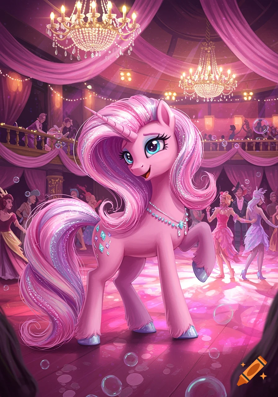 A vibrant pink unicorn pony with sparkling mane and tail smiles in a ...