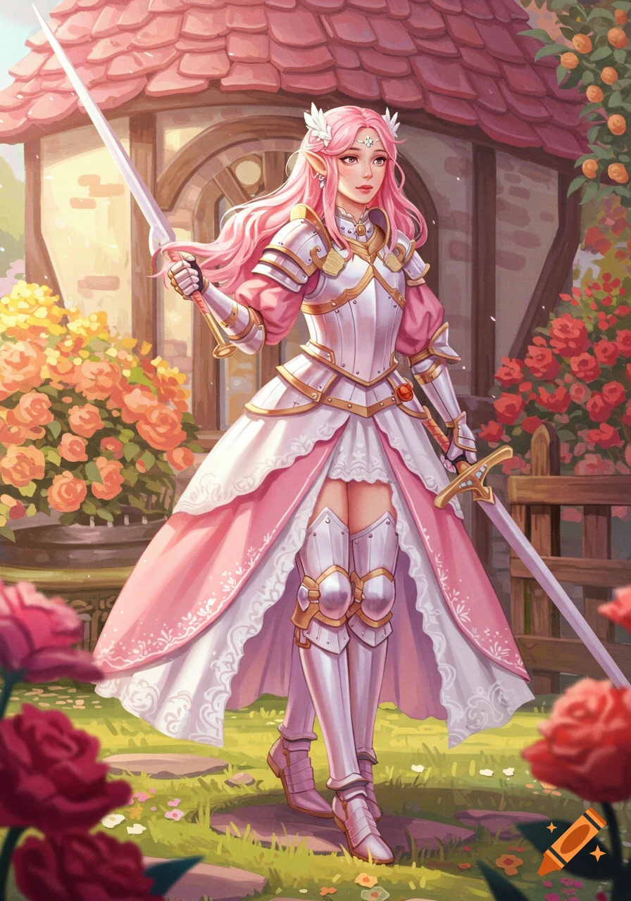 An elegant elf knight with pink hair in shining armor and a pink dress ...