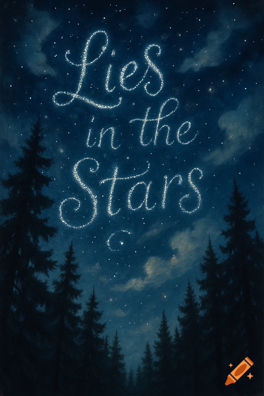 Sparkling text 'Lies in the Stars' in a night sky with tall pine trees ...