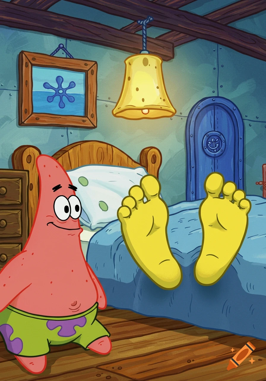 Patrick Star stands beside a bed with yellow cartoon feet sticking out ...