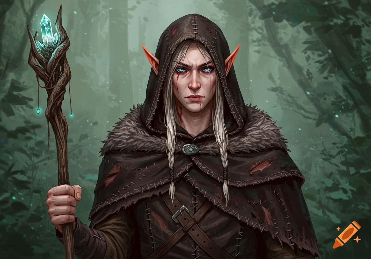 A serious elf in a worn hooded cloak with white braids, blue eyes, and ...