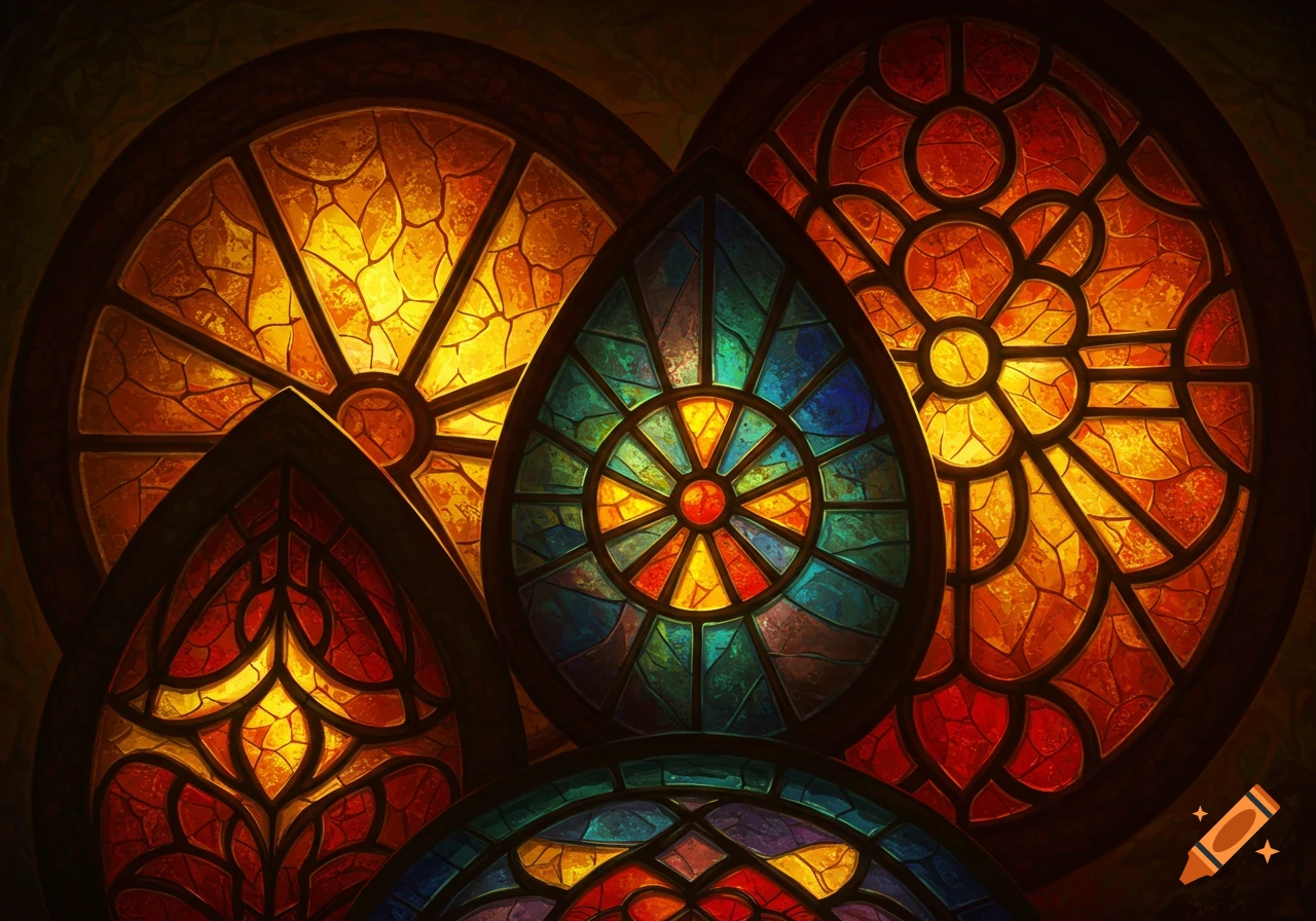 Close-up of overlapping stained glass windows with intricate geometric ...
