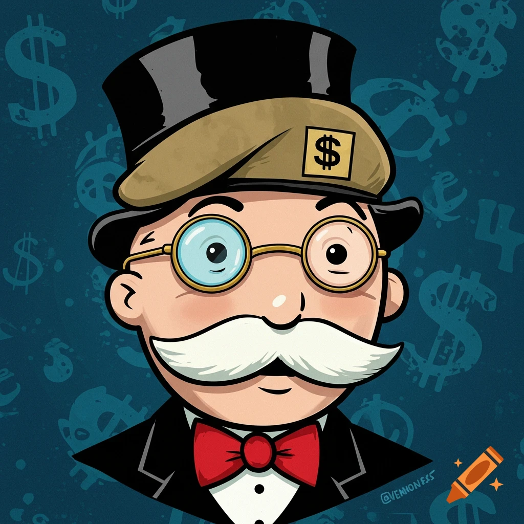 Cartoon of the Monopoly Man with a mustache, glasses, top hat, red bow ...