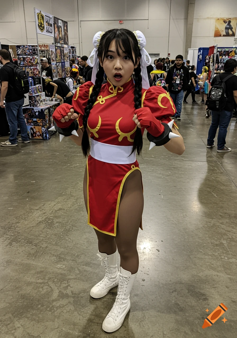 An Asian woman in a red Chun-Li cosplay with a surprised expression ...