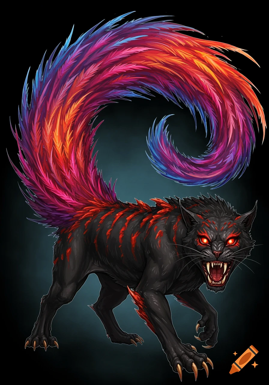 A fierce black cat-like monster with glowing red eyes, jagged teeth ...