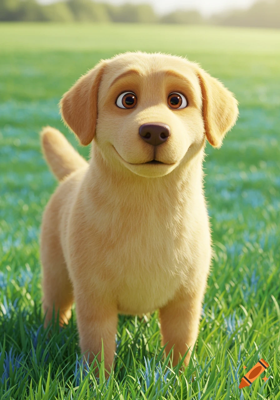 A happy golden labrador puppy stands in a vibrant green field in a ...