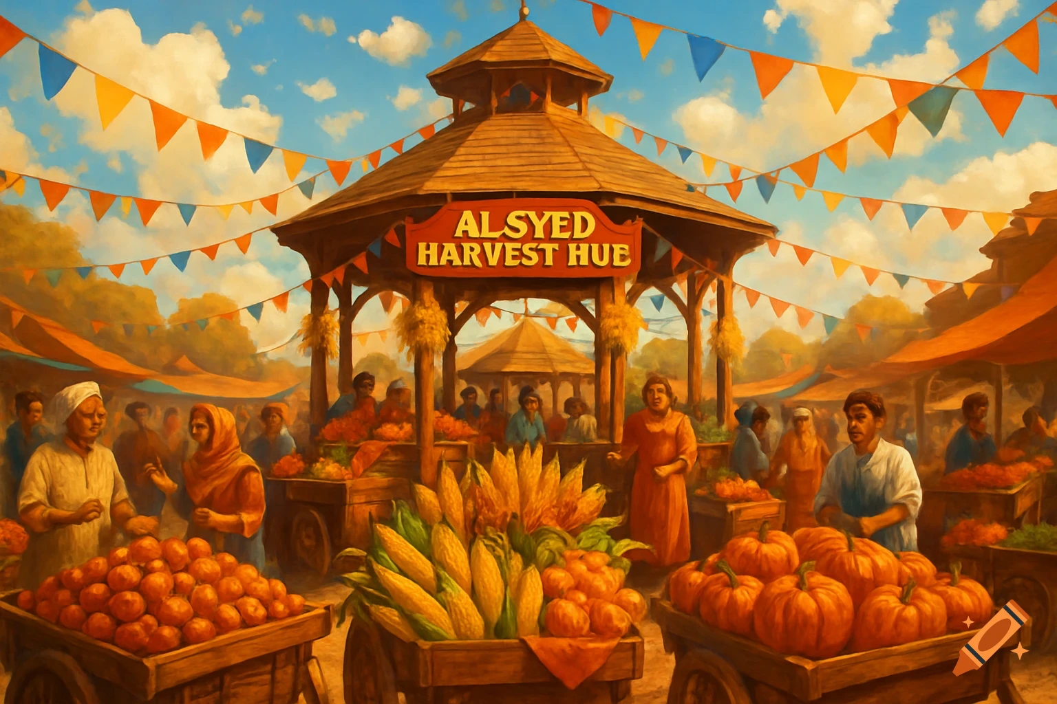 A vibrant harvest market scene with people, market stalls filled with ...