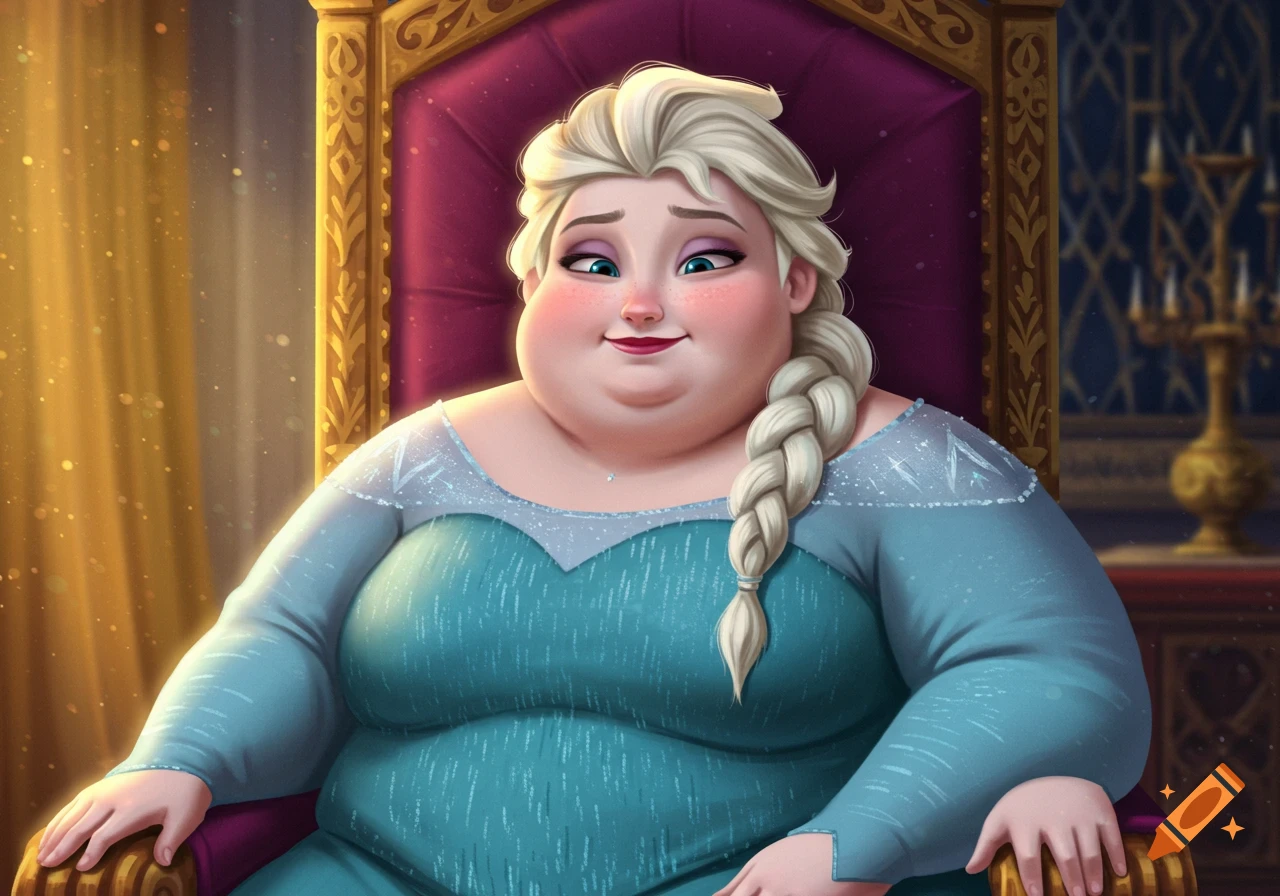 An obese cartoon version of Elsa from Frozen sits smiling on a large ...