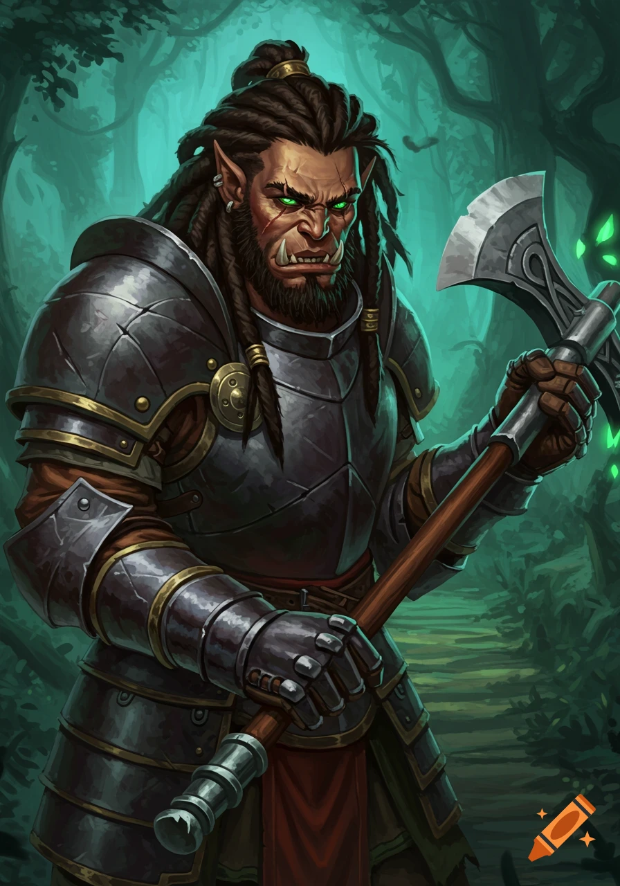 A fierce orc warrior with dreadlocks and glowing green eyes wears dark ...