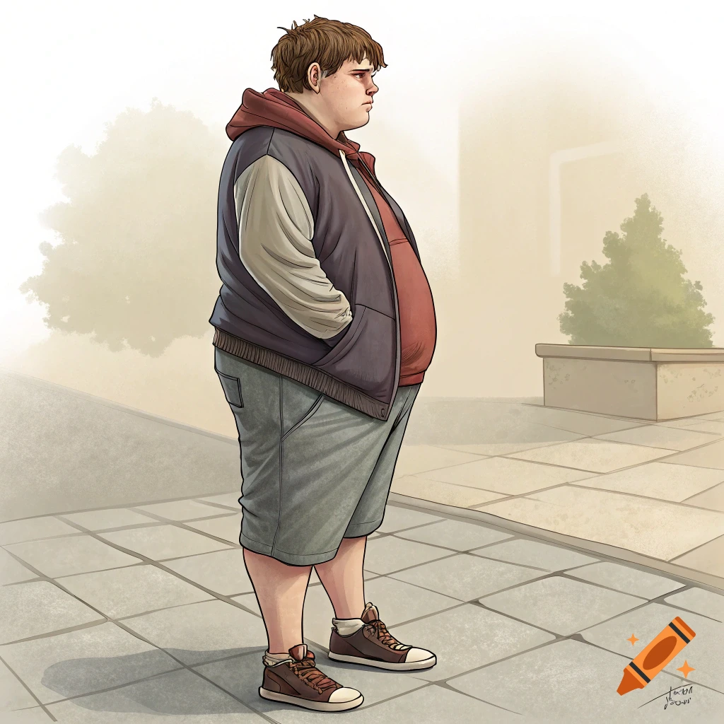 A full-body illustration of an overweight teenage boy standing outdoors ...