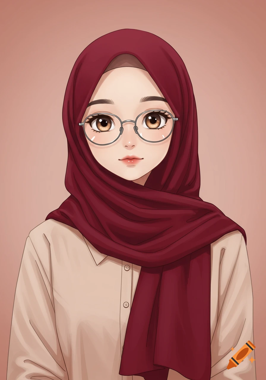Anime portrait of a young woman with fair skin wearing a maroon hijab ...