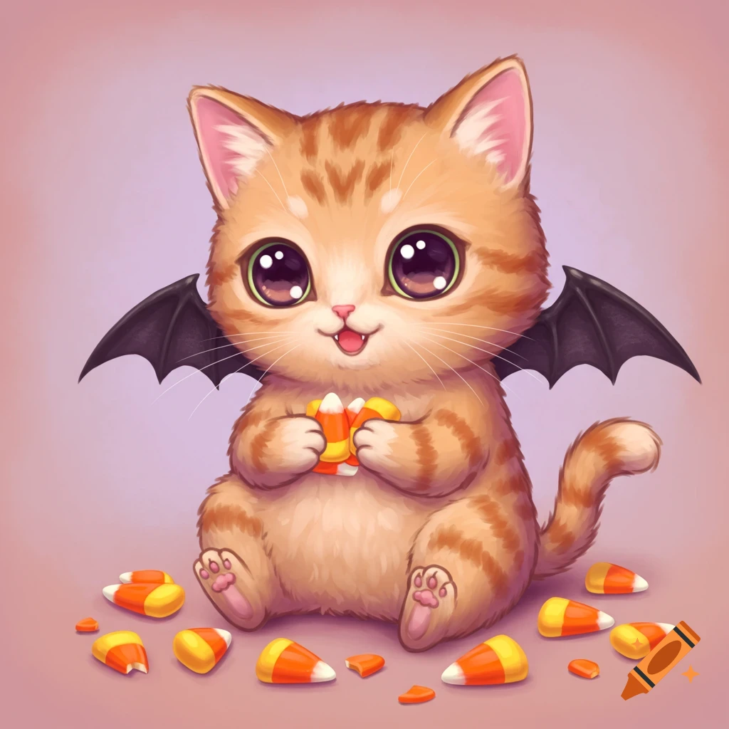 A cute chibi illustration of an orange tabby cat with bat wings holding ...