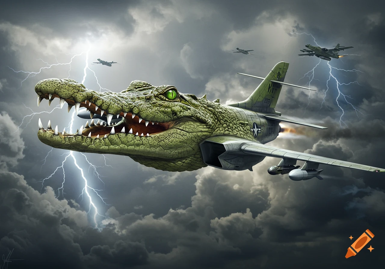 A massive green crocodile head merged with a military jet flies through ...