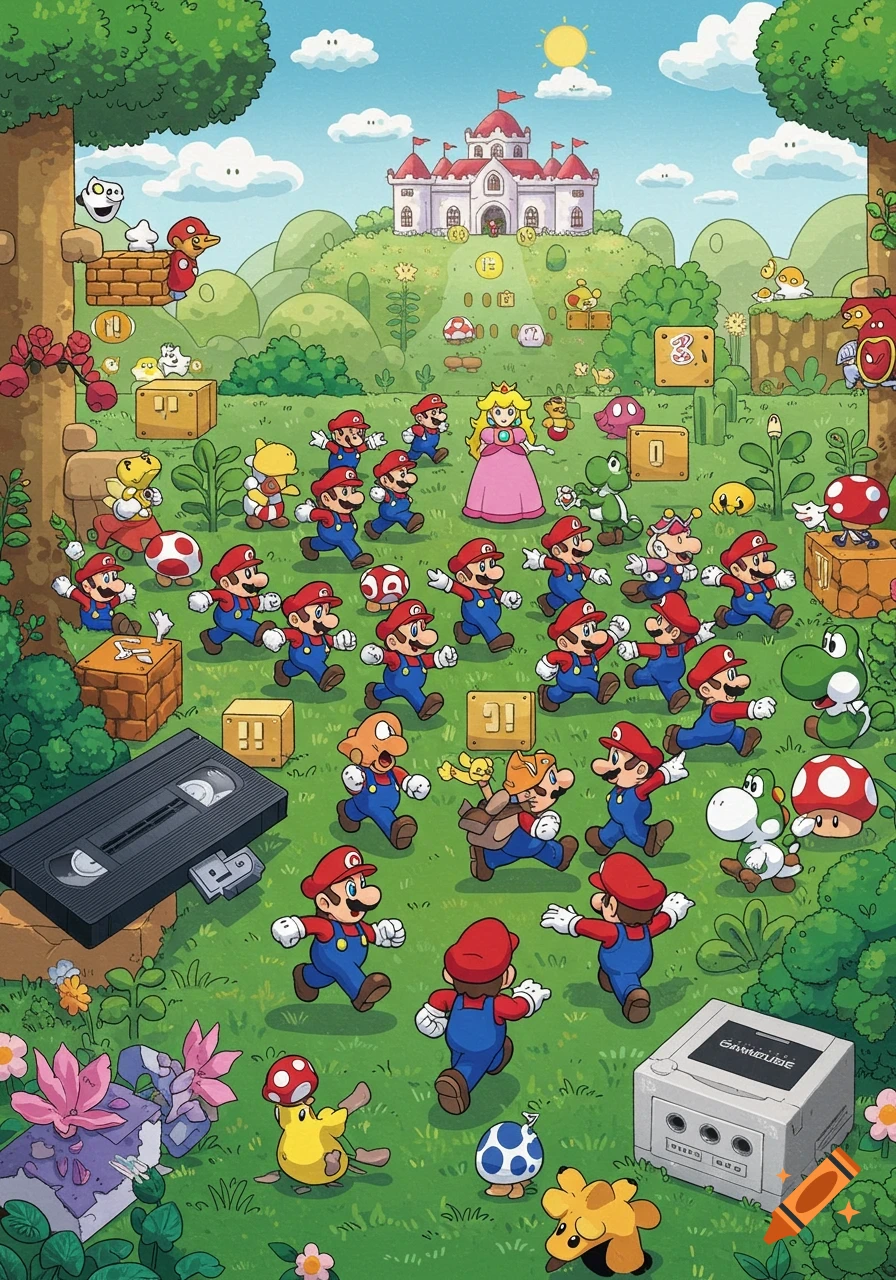 A busy, cartoon-style collage of Super Mario characters and elements ...