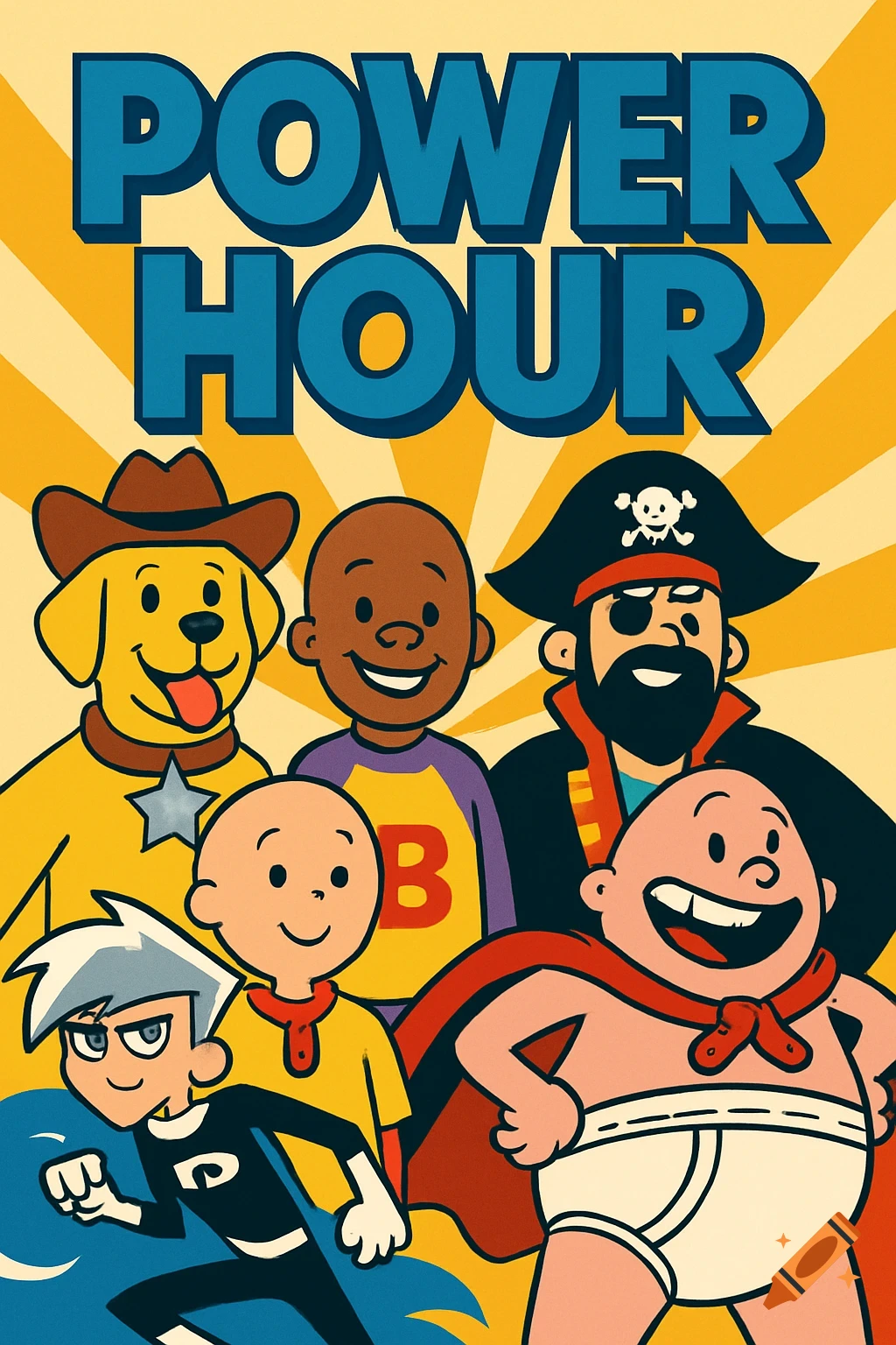 A colorful cartoon poster featuring six animated characters including a ...