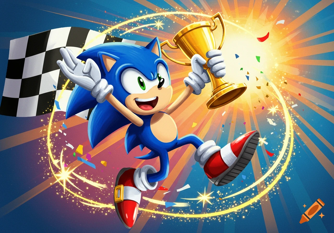 Sonic the Hedgehog jumping and celebrating with a golden trophy and a ...