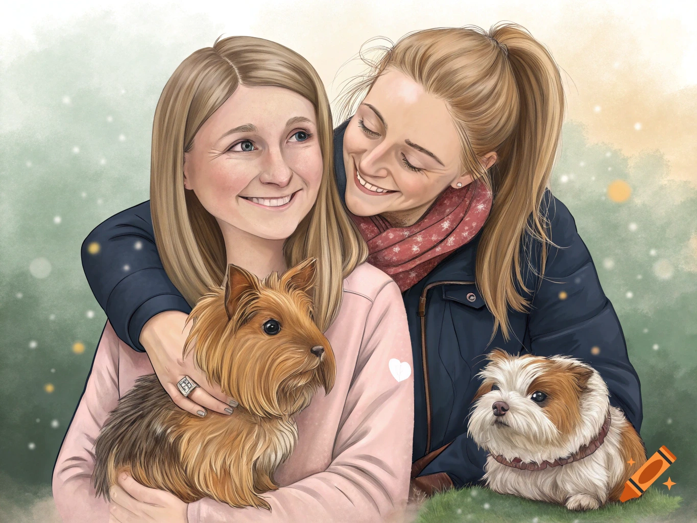 An illustrated portrait of two smiling women with two small dogs. One ...
