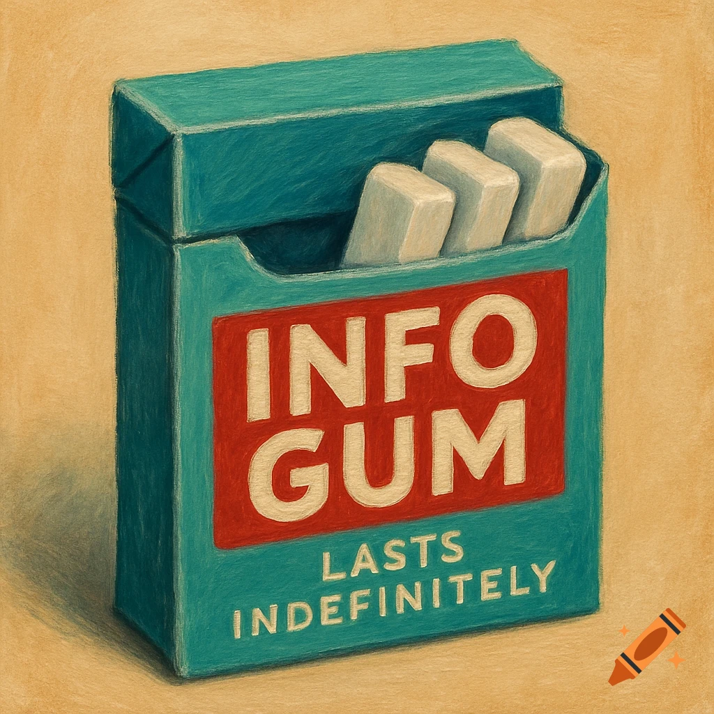 A teal gum packet with a red label that says "INFO GUM" in white ...