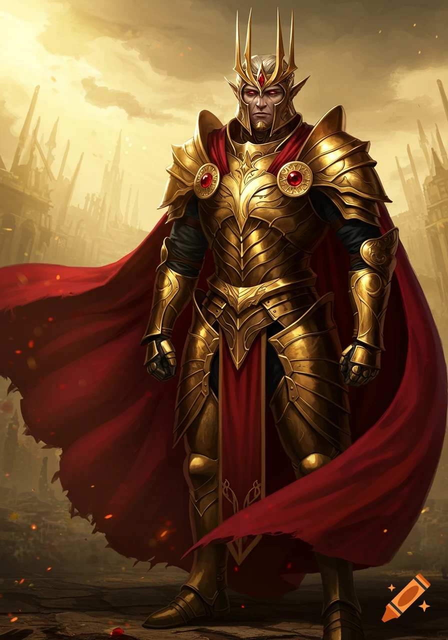 A majestic fantasy king in golden armor and a red cape stands before ...