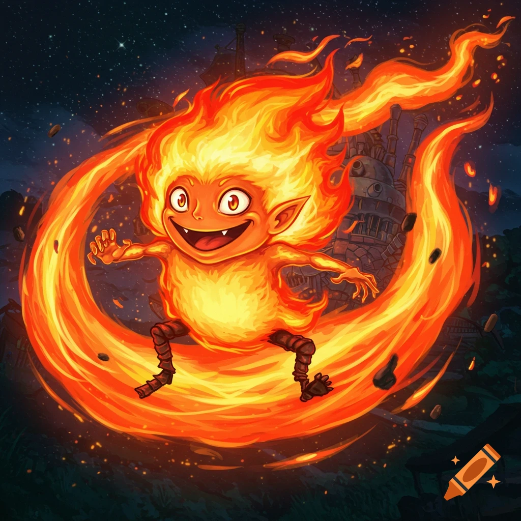 A cheerful, cartoon-style fire creature with a wide grin, surrounded by ...