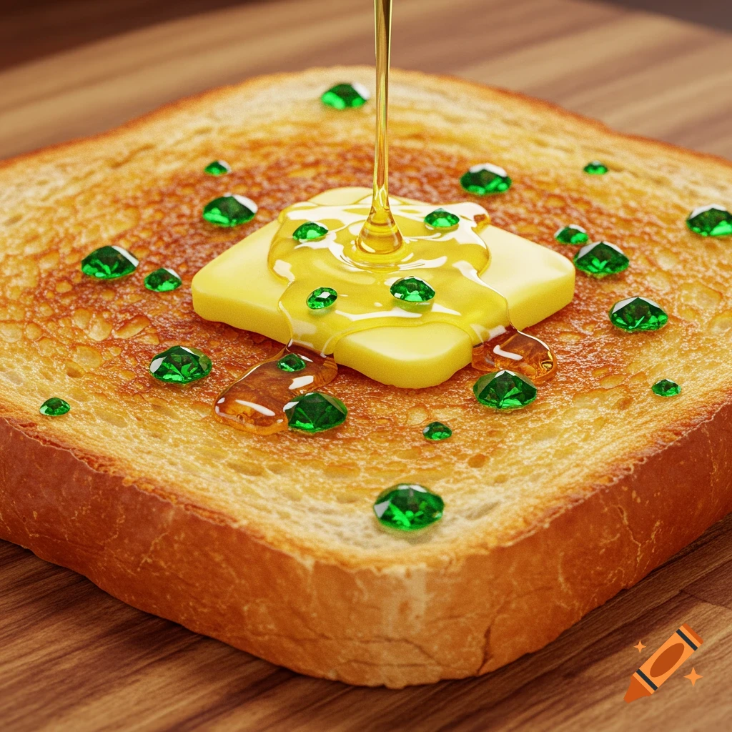 Photorealistic close-up of a golden brown piece of toast with a melting ...