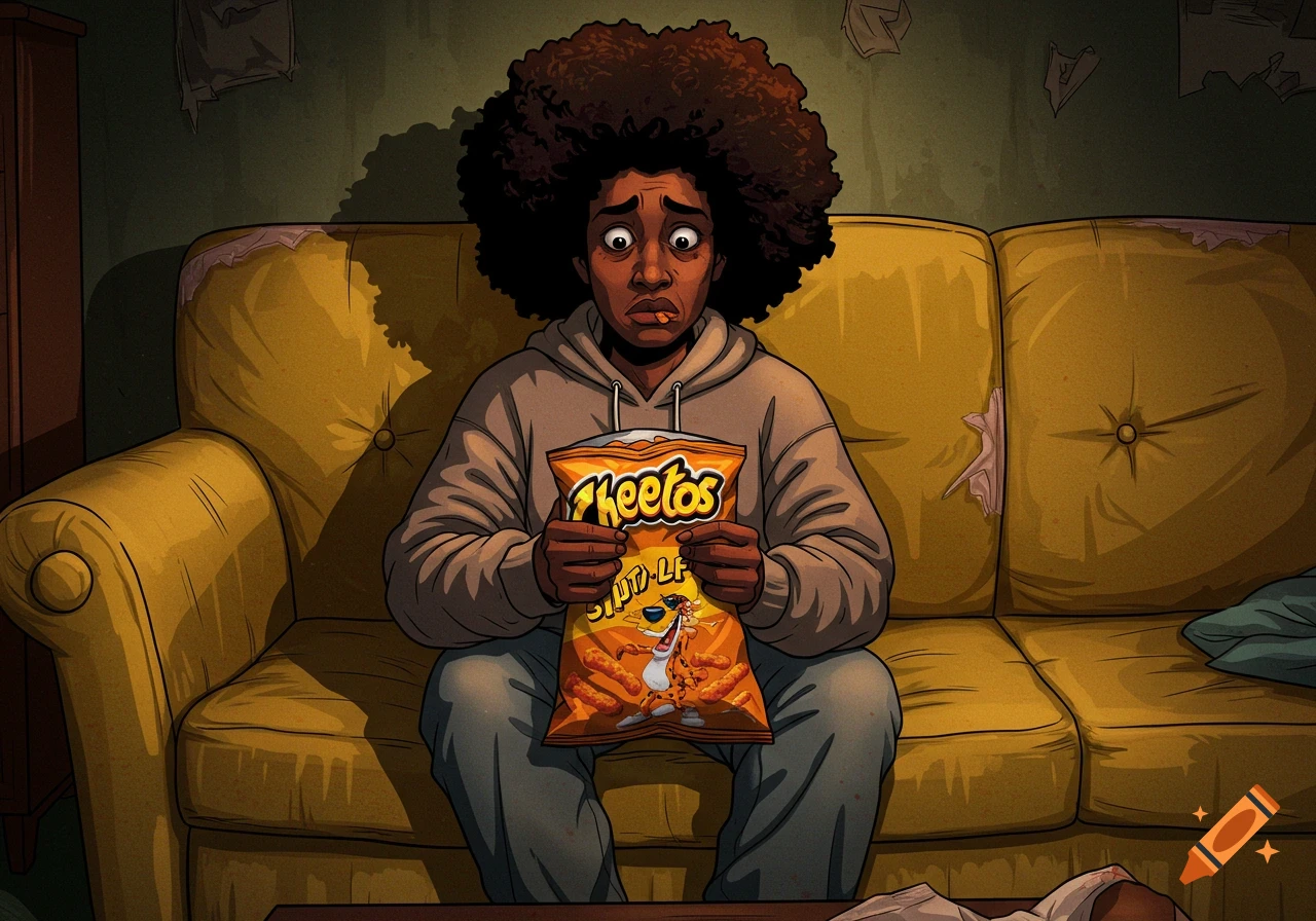 An illustration of a scared person with afro hair sitting on a yellow ...
