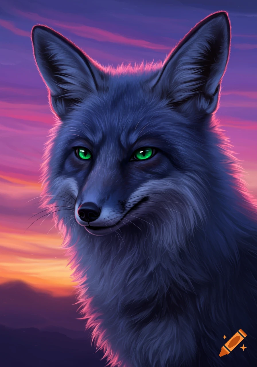 A close-up digital painting of a dark fox with bright green eyes ...