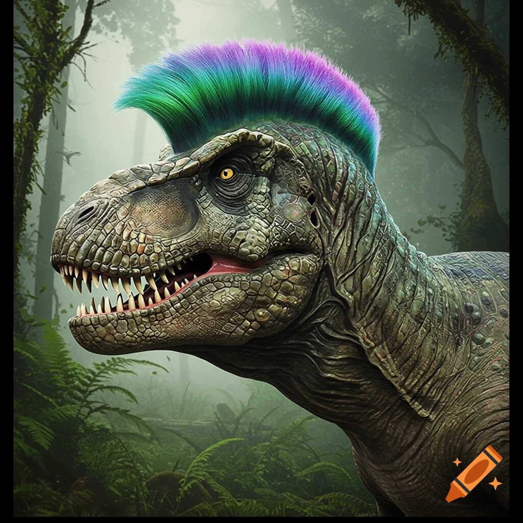 A tyrannosaurus rex with a vibrant green, blue, and purple mohawk ...