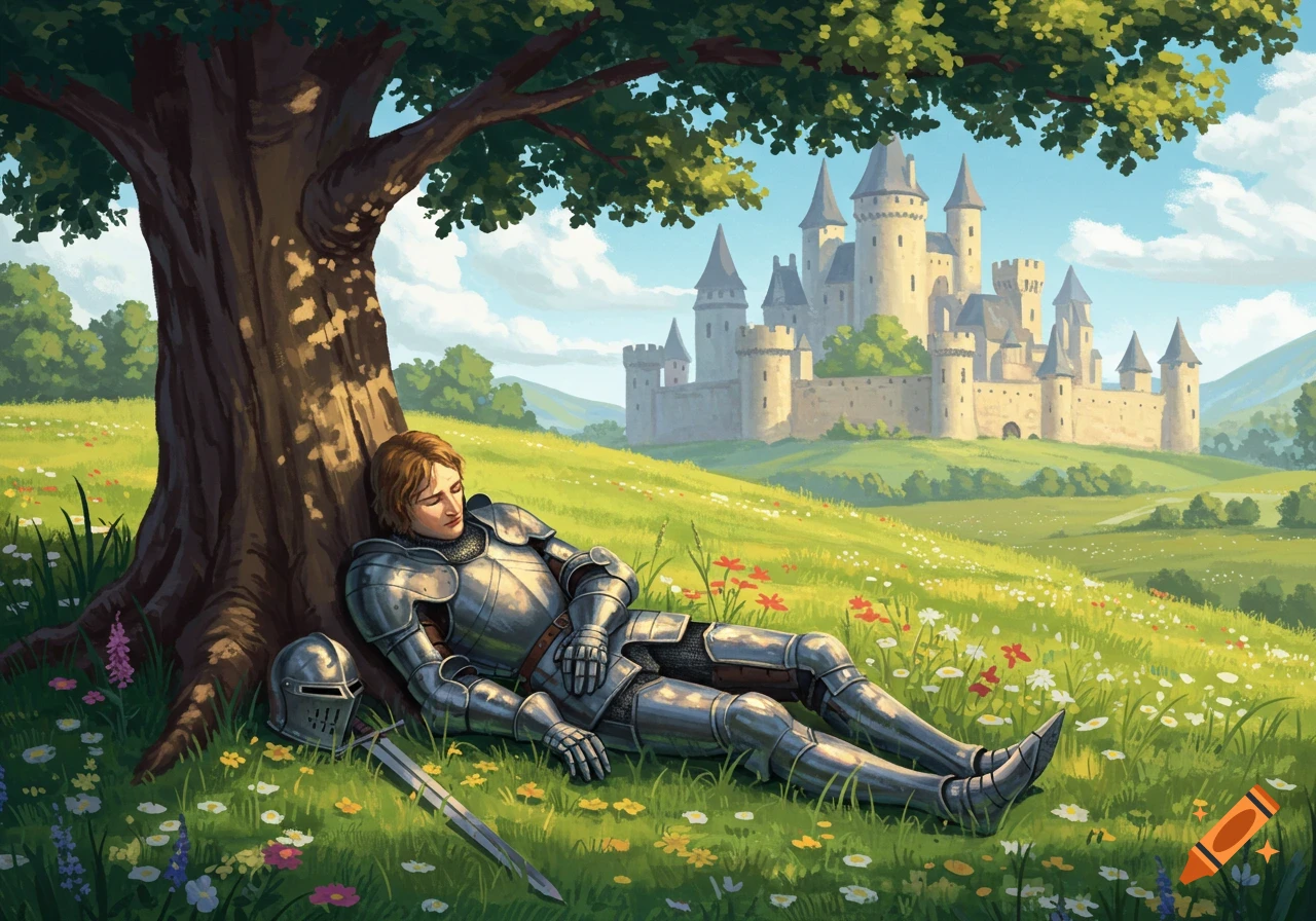 A knight in armor sleeps under a large tree in a sunny meadow, with a ...