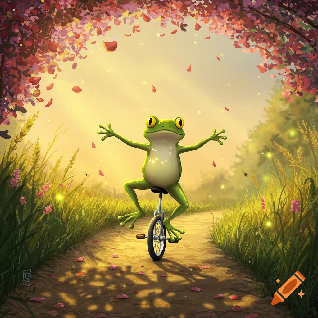 A cartoon frog joyfully rides a unicycle on a sunny dirt path under a ...