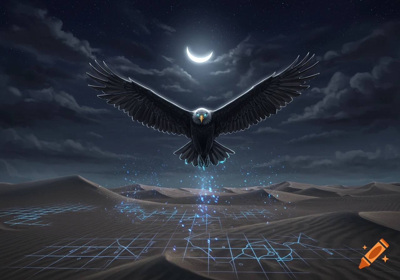 A dark eagle with glowing eyes flies over a desert at night with a ...