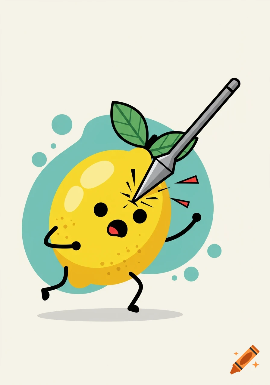 Cartoon lemon character with a spike piercing its head, looking ...