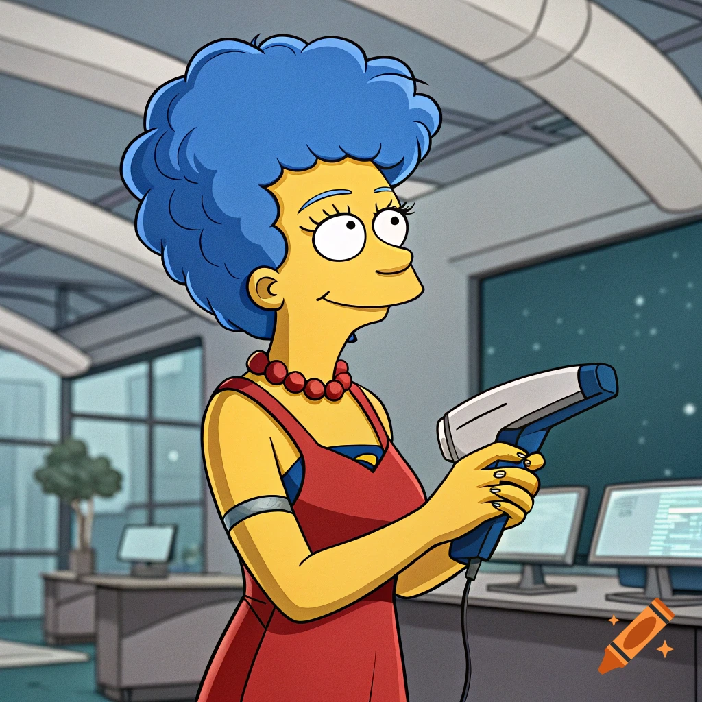 Marge Simpson in a red dress with a superhero emblem, holding a sci-fi ...