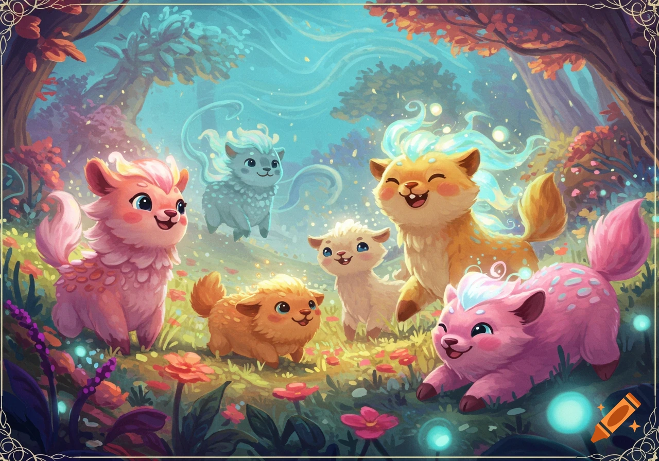 Six colorful, whimsical fantasy creatures with glowing fur play in a ...