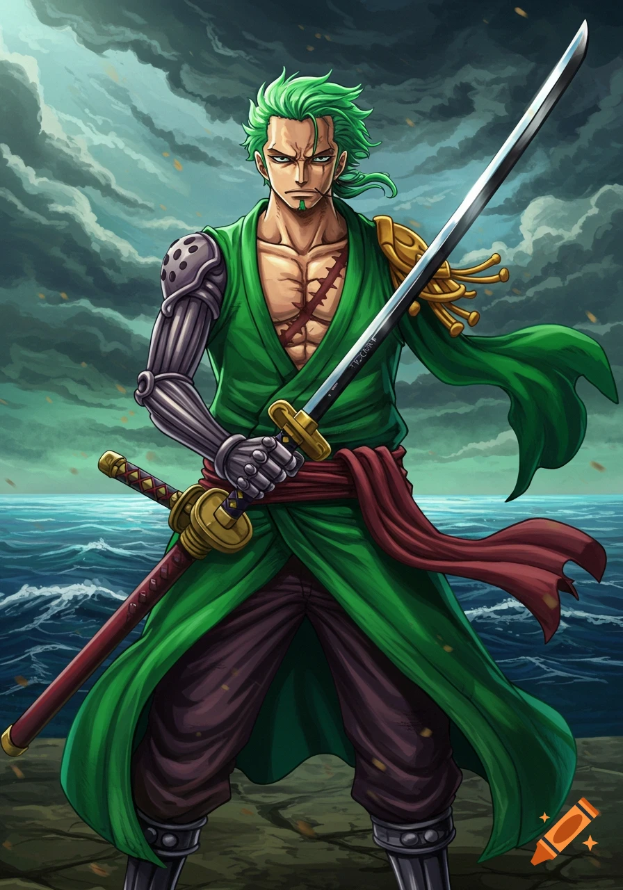Anime-style illustration of a muscular green-haired swordsman with a ...