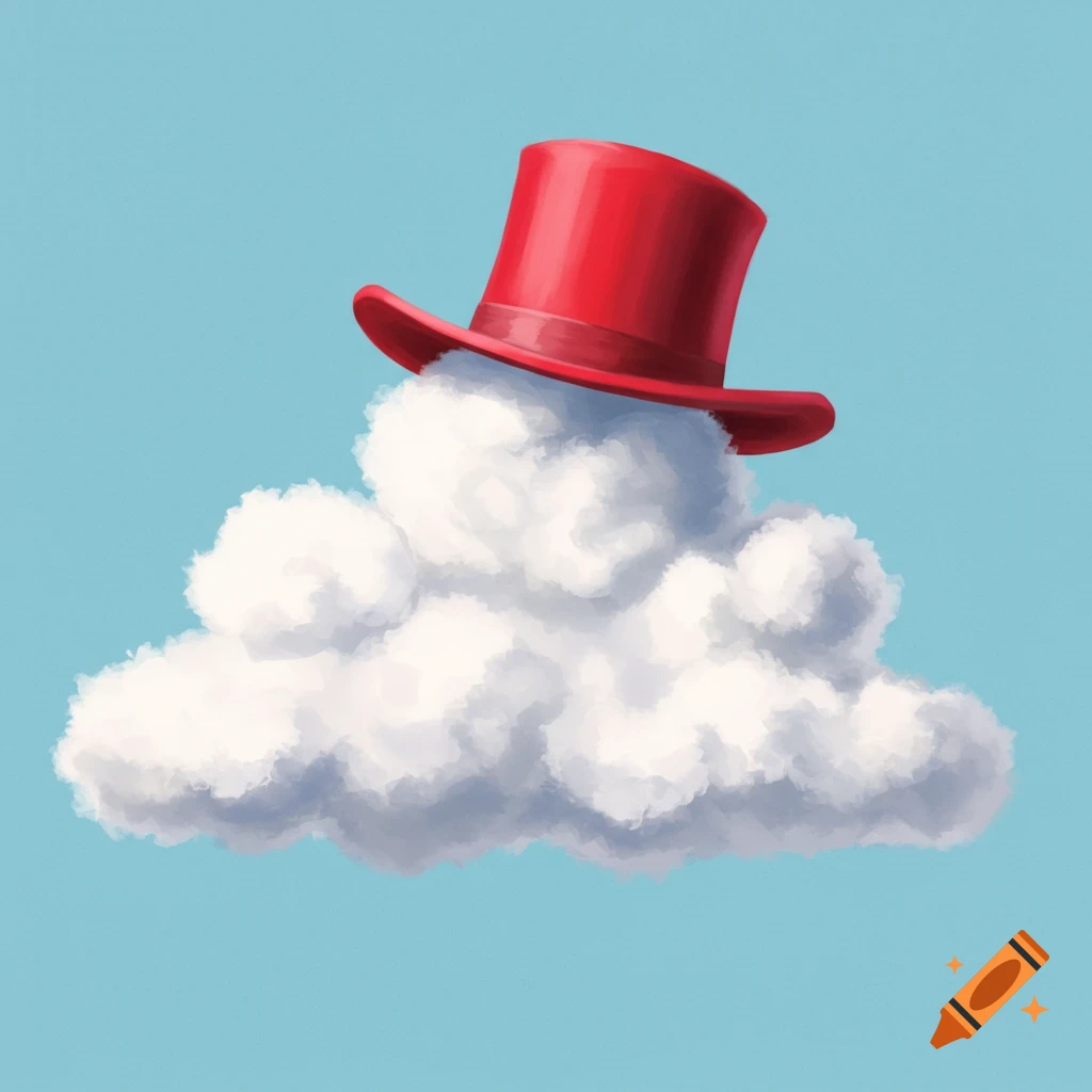 A white cloud with a bright red top hat floats against a clear light ...