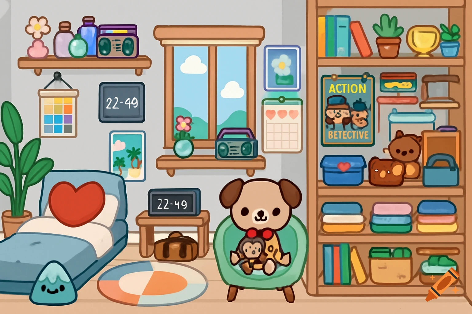 A colorful cartoon bedroom in Toca Life World style, featuring a blue ...