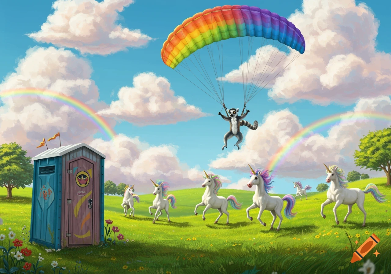 Illustrated chipmunk skydiving from an airplane with a colorful rainbow ...