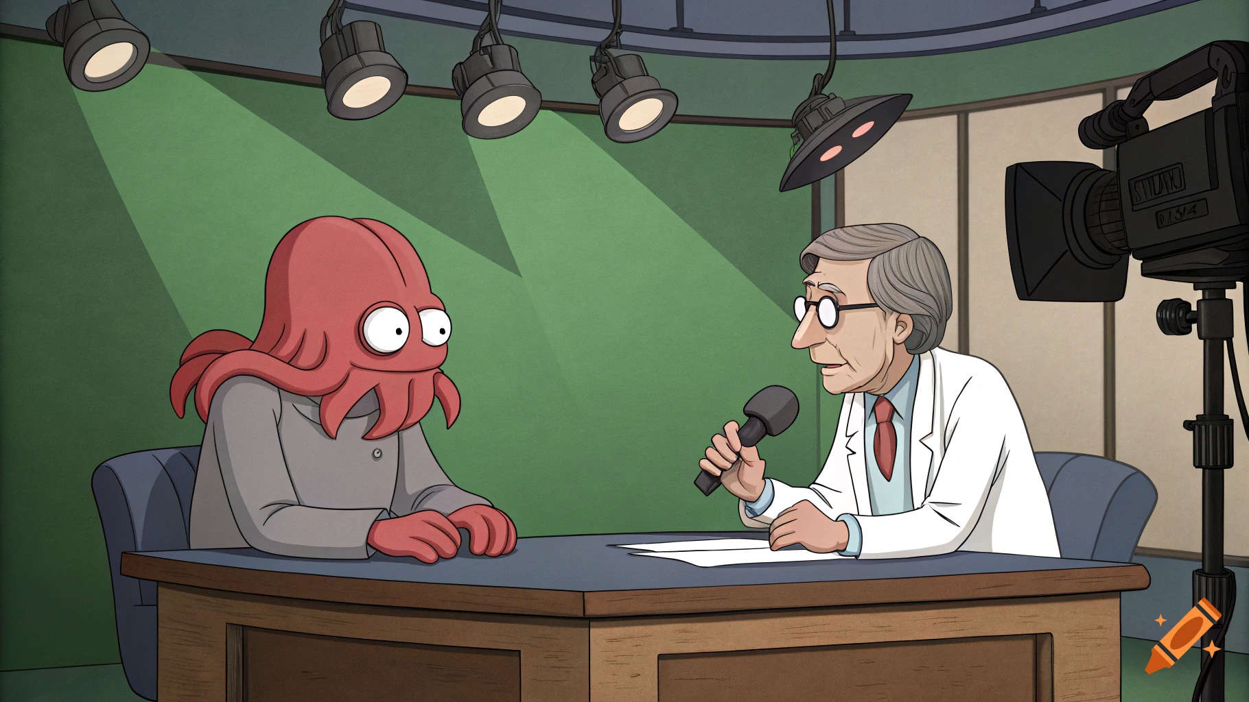 Cartoon Zoidberg interviews Carl Sagan on a TV show set with studio ...