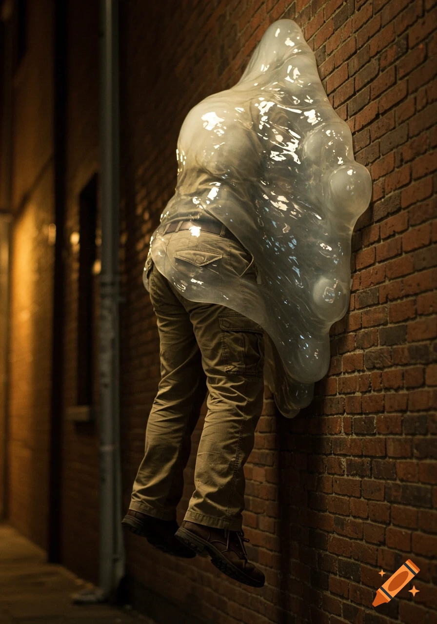 A man's lower body hangs from a blob-shaped slime clinging to a brick ...