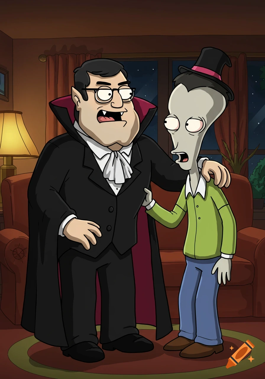 Cartoon of Stan Smith dressed as a vampire with Roger the alien in a ...