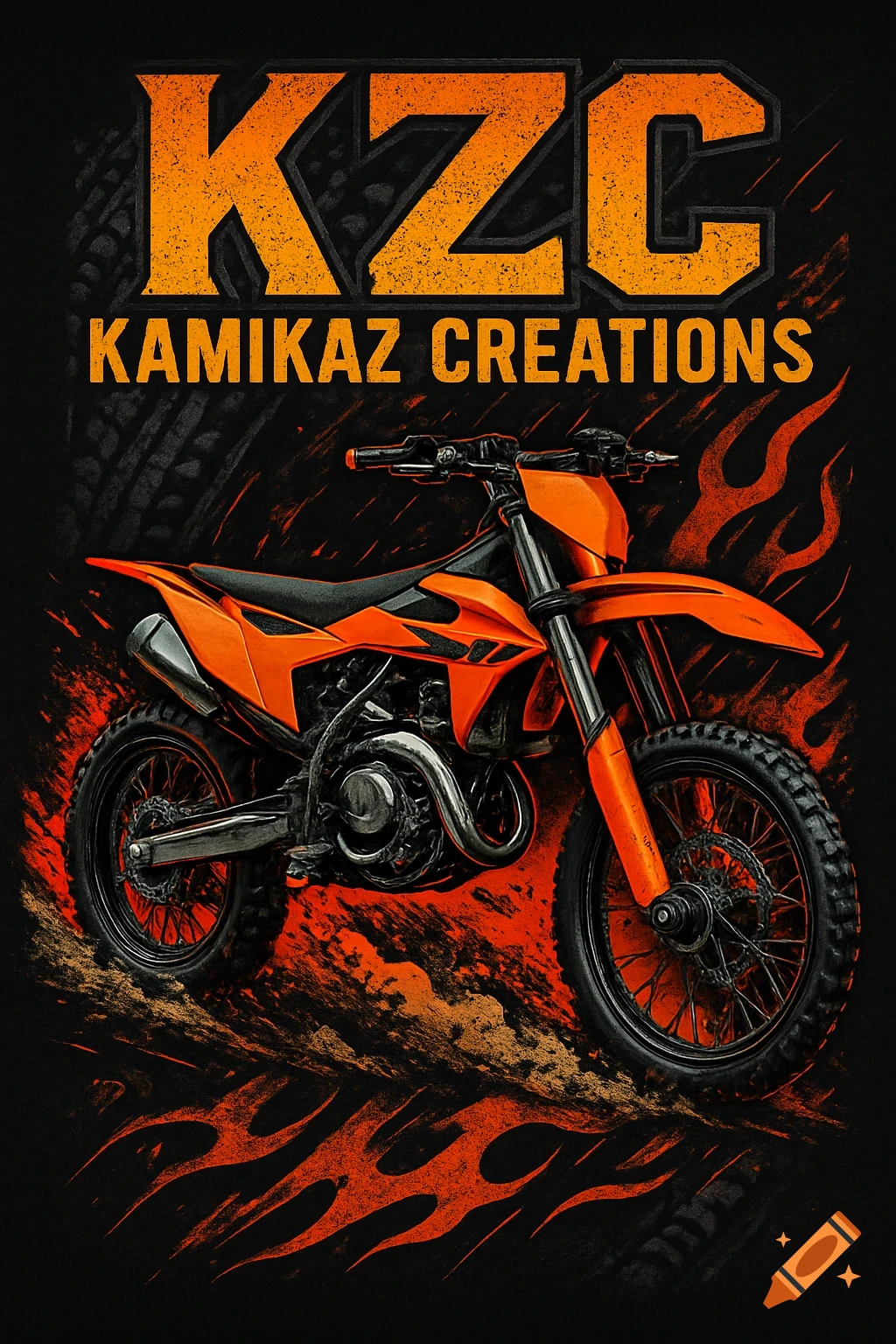 A bold graphic design of an orange dirt bike on a dark background with ...