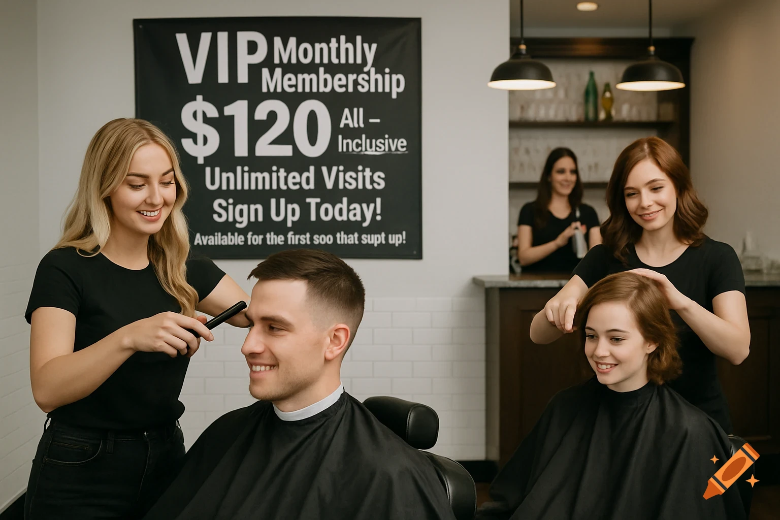 Two female barbers cutting the hair of a man and a woman in a modern ...