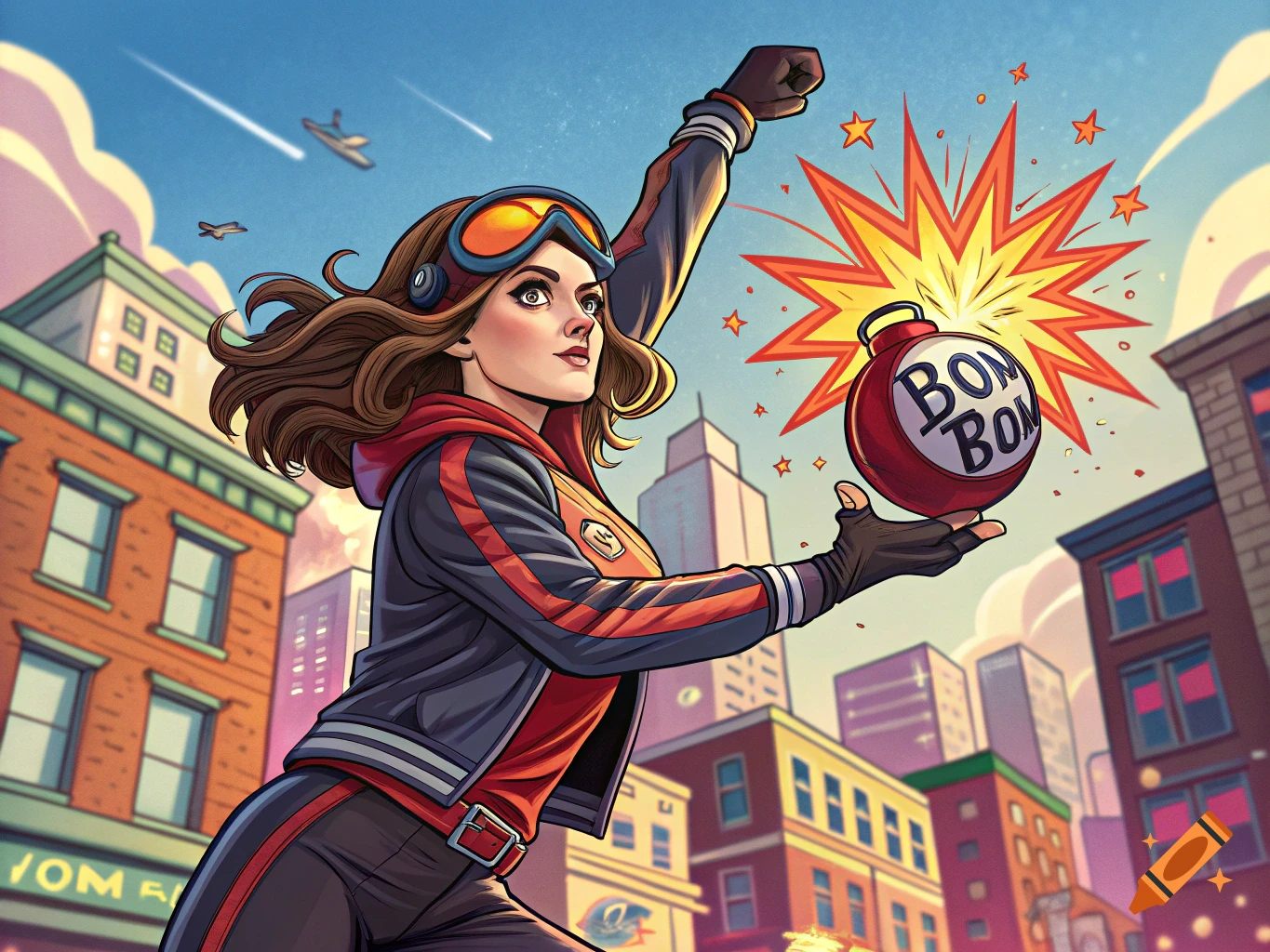 A comic book-style image of a woman with goggles and a jacket, in a ...